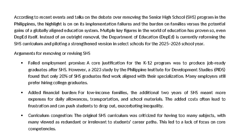 Revisiting the SHS Program in the Philippines: Challenges and Reforms ...