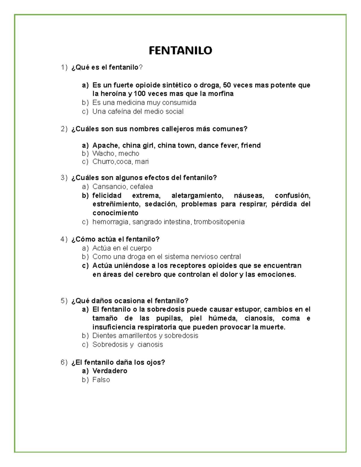 E3. Fentanilo - Preguntas y respuestas clave sobre sus efectos - Studocu