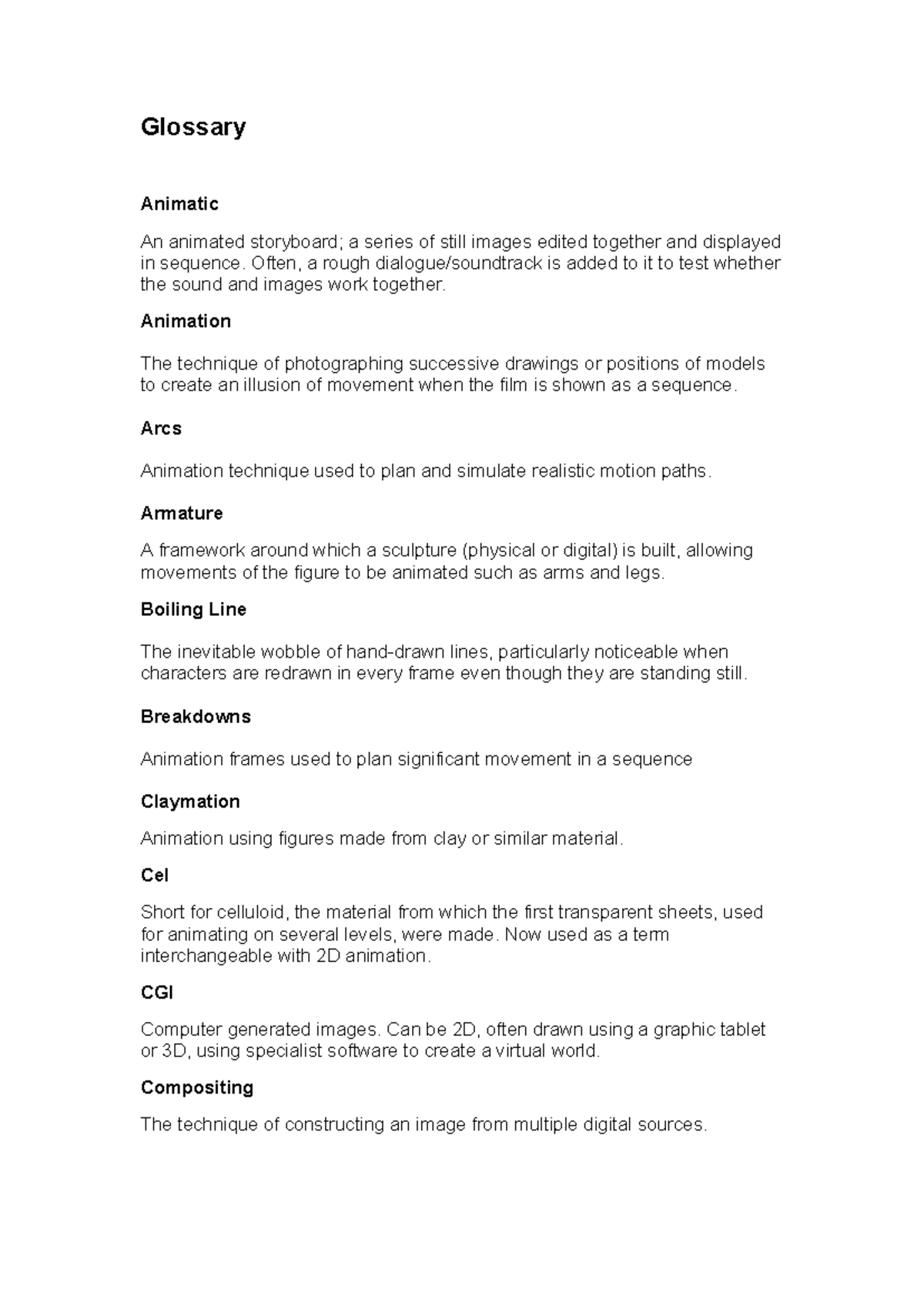 Glossary of Animation Terms - OOF 1 - Studocu