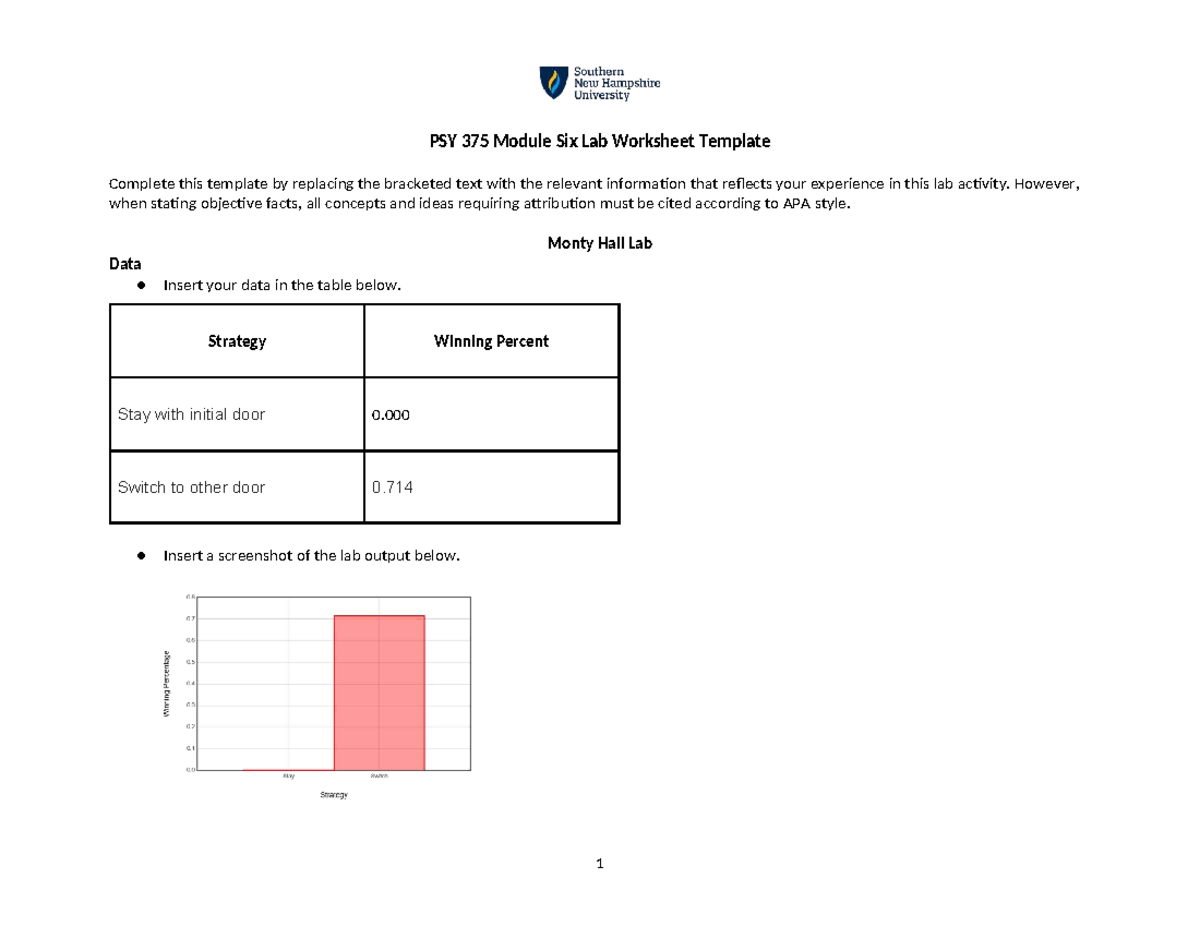 PSY 375 Module Six Lab Worksheet: Monty Hall & Decision Making - Studocu