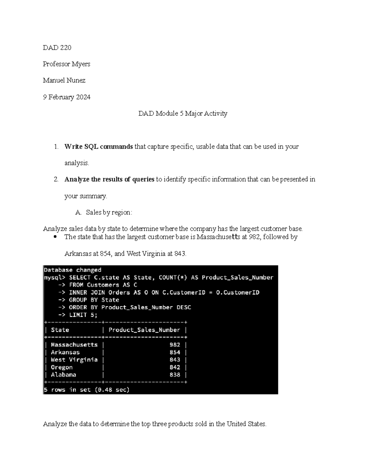 DAD 220 Module 5 Major Activity: SQL Data Analysis & Insights - Studocu