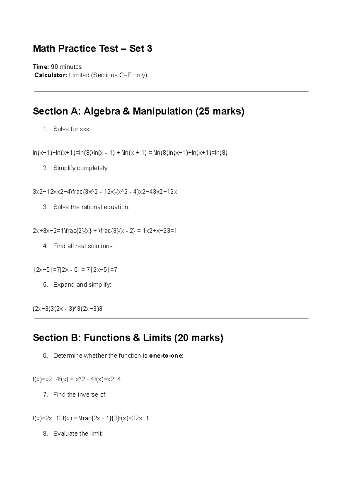 Math Practice Test Set 3: Algebra, Functions, Trig & Calc - Studocu