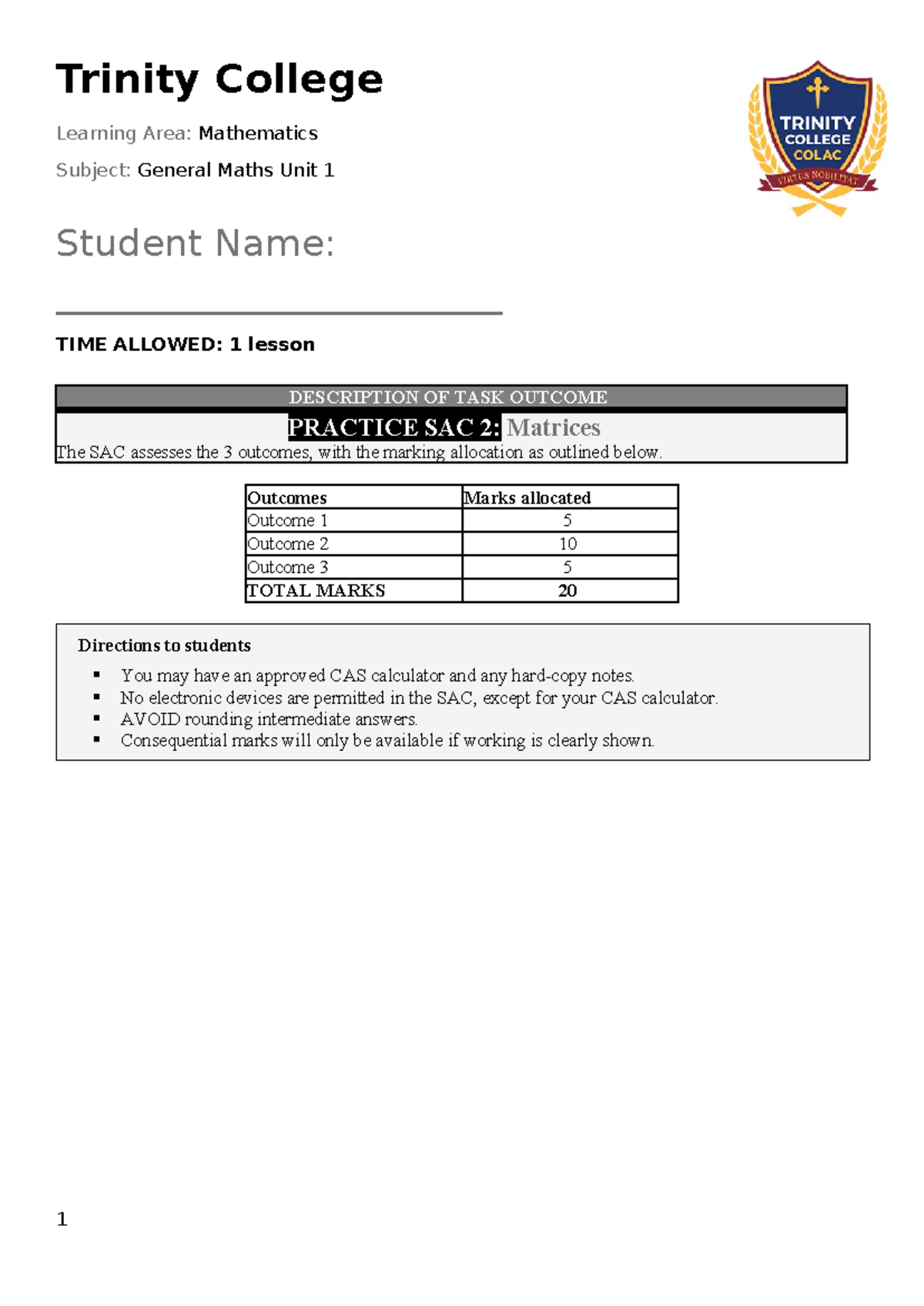 Matrices Practice SAC 2 Solutions - General Maths Unit 1 - Studocu