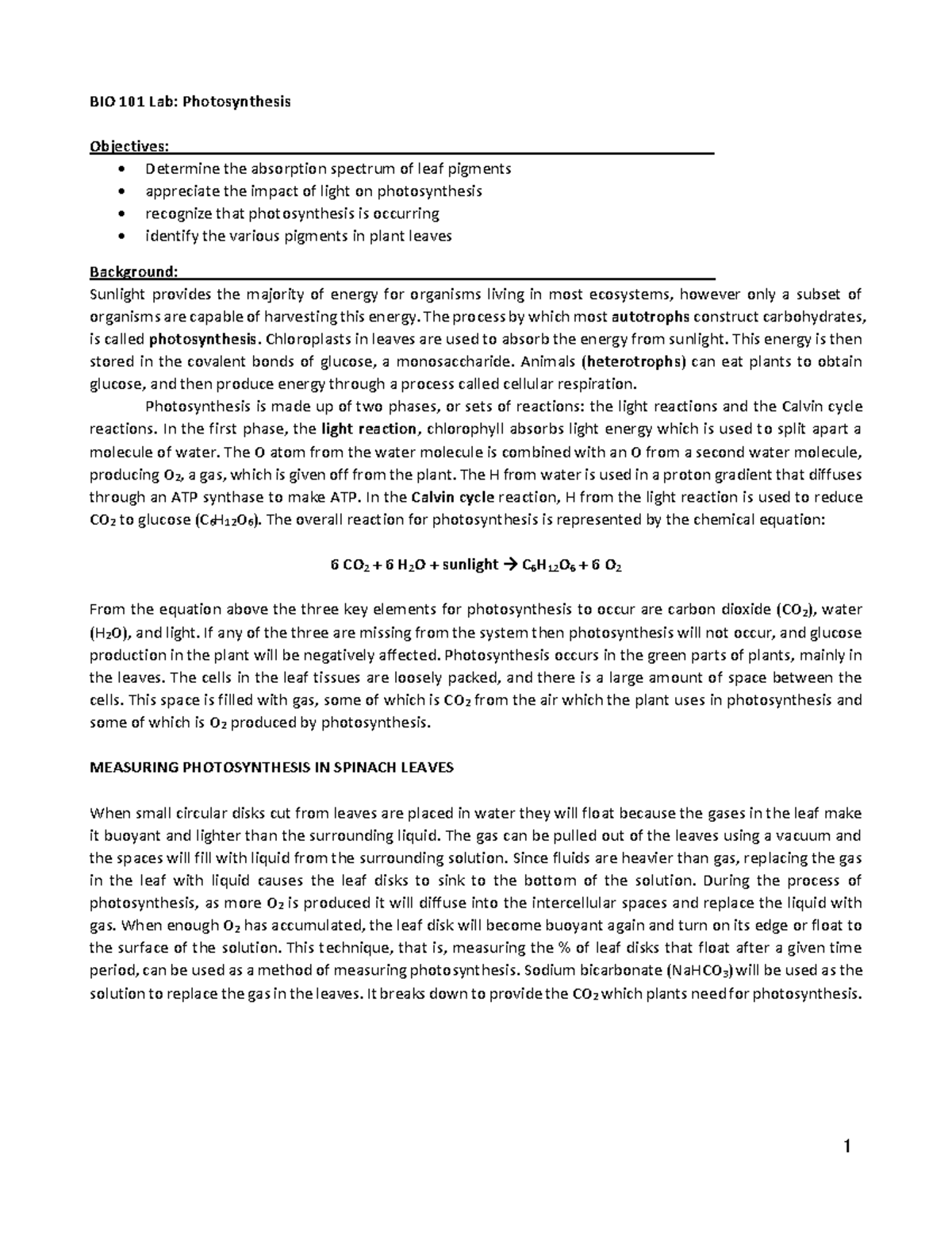 Photosynthesis Lab Report for BIO 101: Experimental Analysis and ...