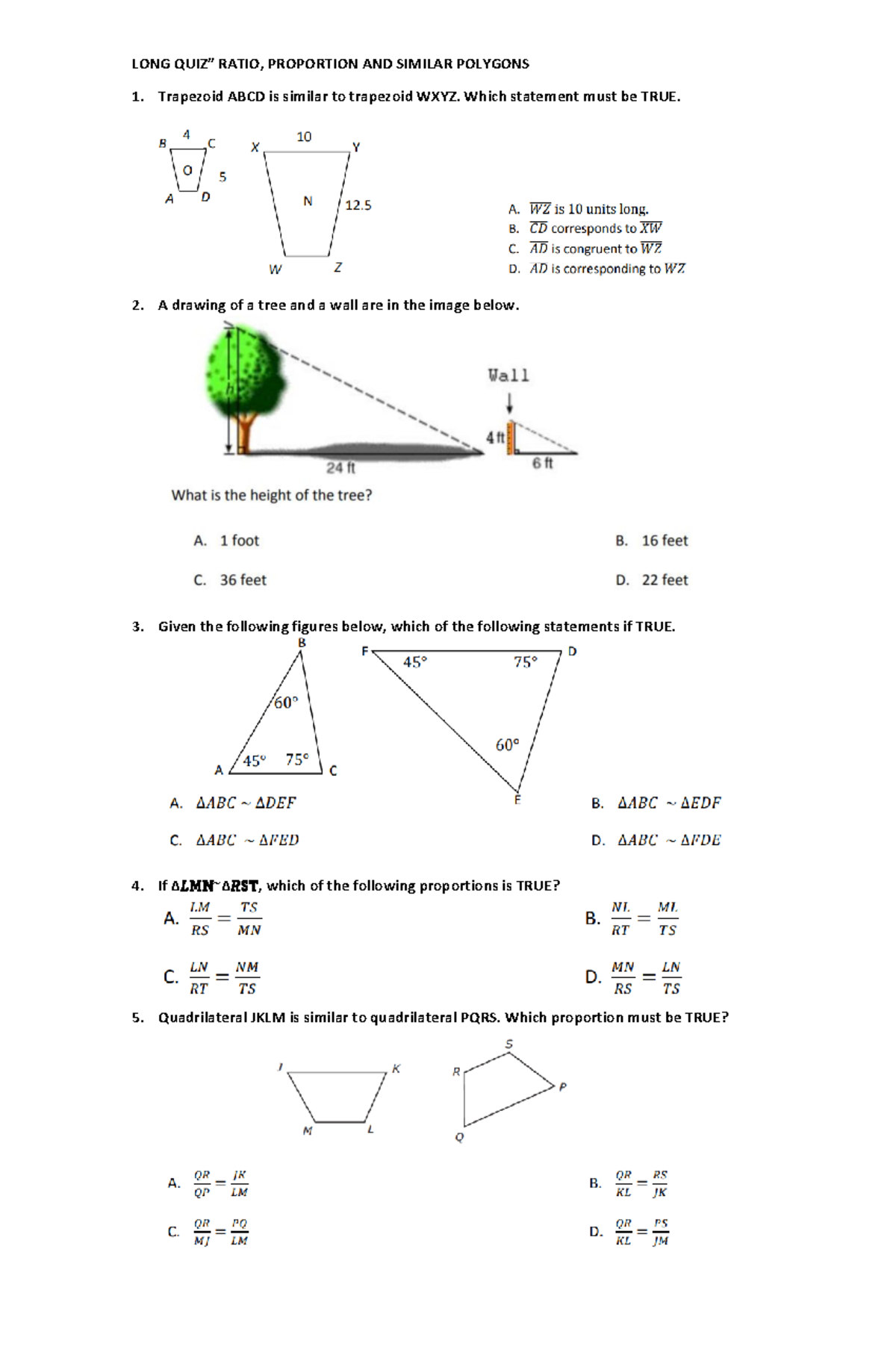 LONG-QUIZ Ratio- Proportion-AND- Similar- Polygons - mathematics - LONG ...