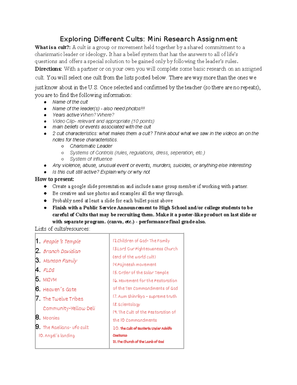 CULT 101: Mini Research Project on Different Cults and Their ...