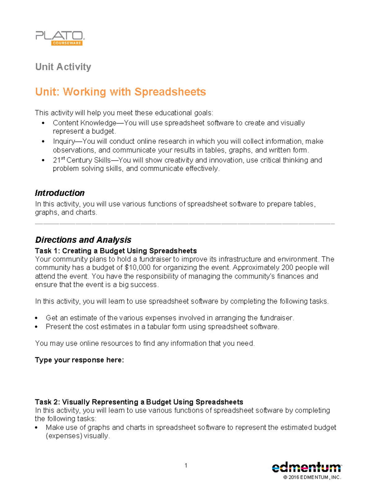 Unit Activity: Working with Spreadsheets (UA) - Budget Creation ...