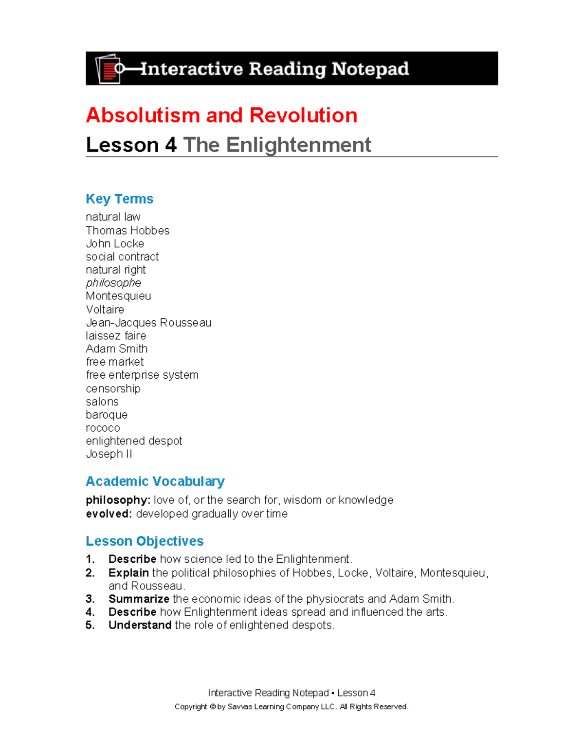 Ch 6.4 Notepad - Absolutism and Revolution Lesson 4 The Enlightenment ...
