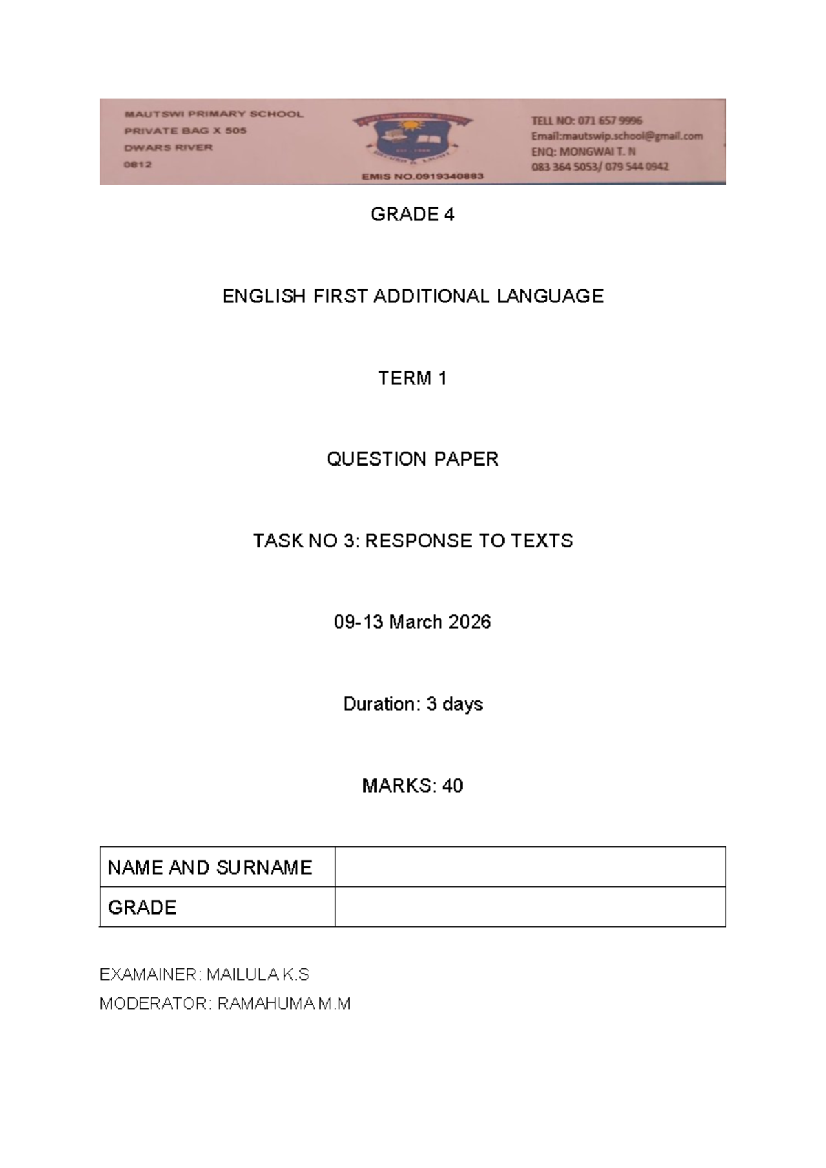 GRADE 4 ENGLISH FIRST ADDITIONAL LANGUAGE TERM 1 TEST TASK 3 - Studocu