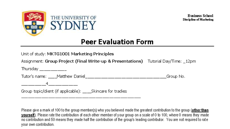 Peer Evaluation Form - ber goodo - Business School Discipline of ...