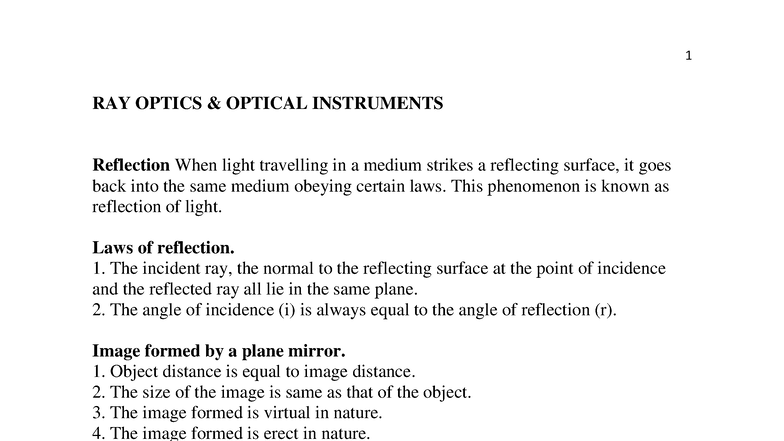 Ray Optics Lecture Notes - Exploring Reflection & Refraction Concepts ...