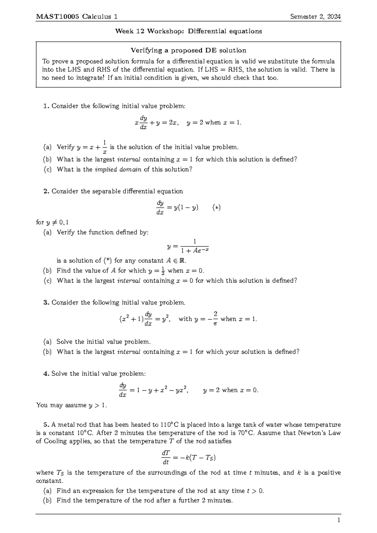W12-Ques-1 - Week 12 workshop calculus 2 - MAST10005 Calculus 1 ...