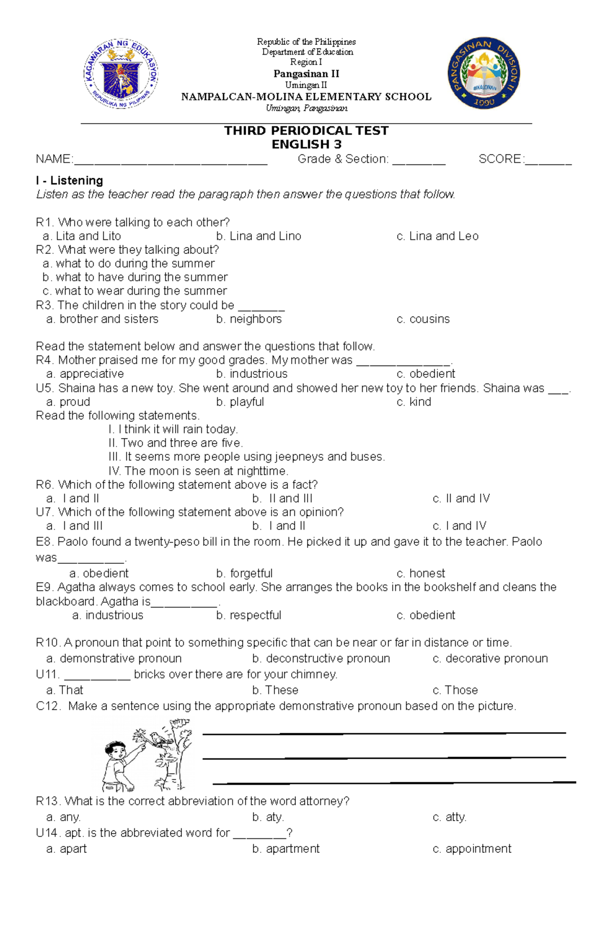 3rdptfinal edit - periodical test - Republic of the Philippines ...