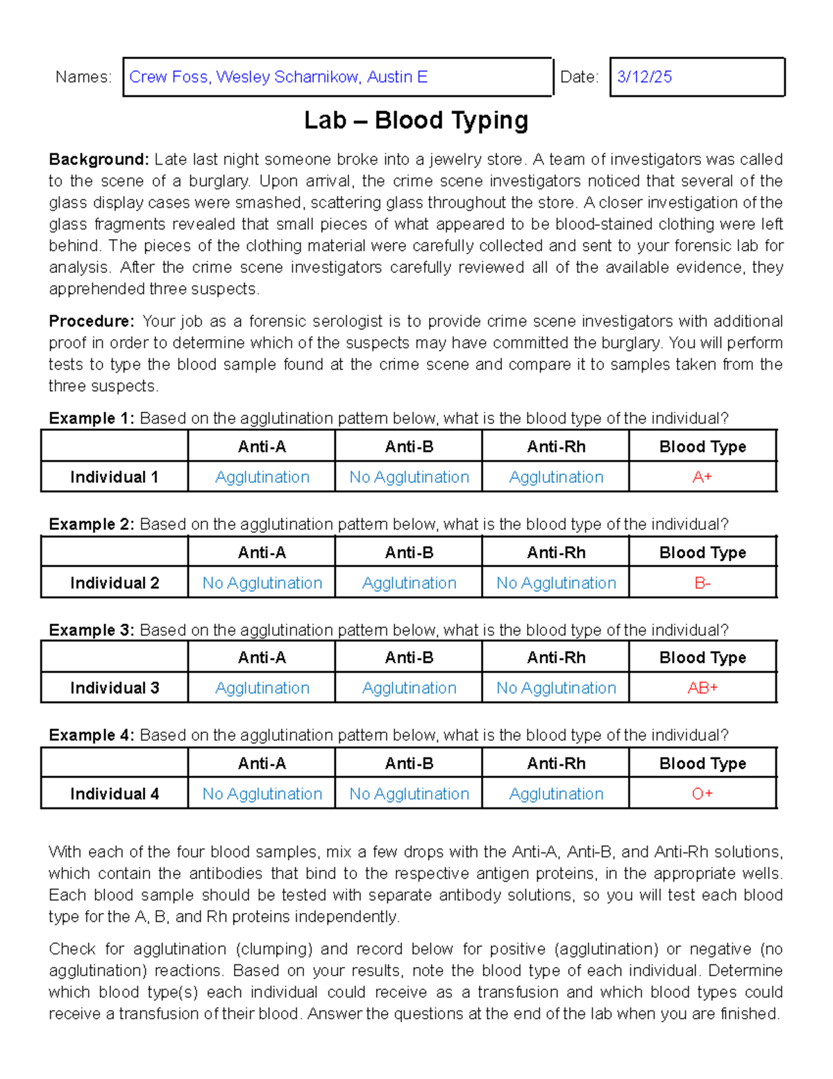 Blood Typing Lab Report: Forensic Analysis of Crime Scene Evidence ...