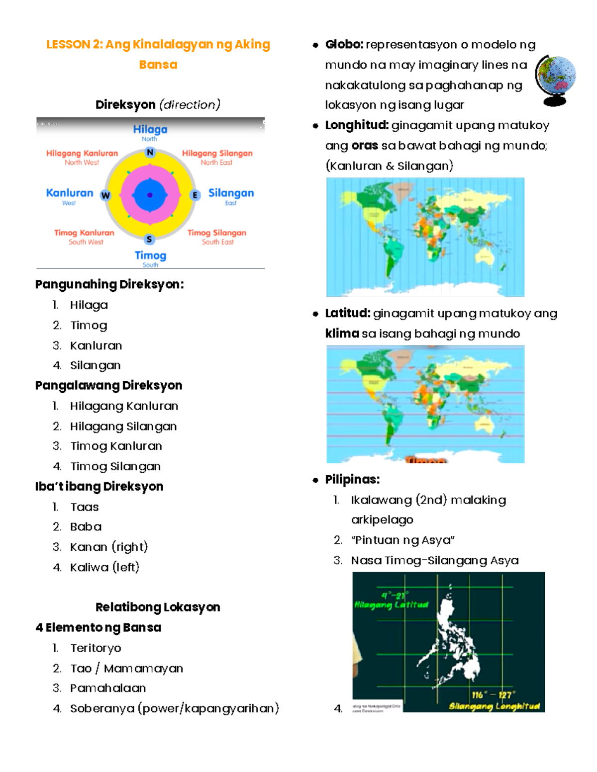 [AP] Lesson 2: Direksyon at Relatibong Lokasyon ng Bansa - Studocu
