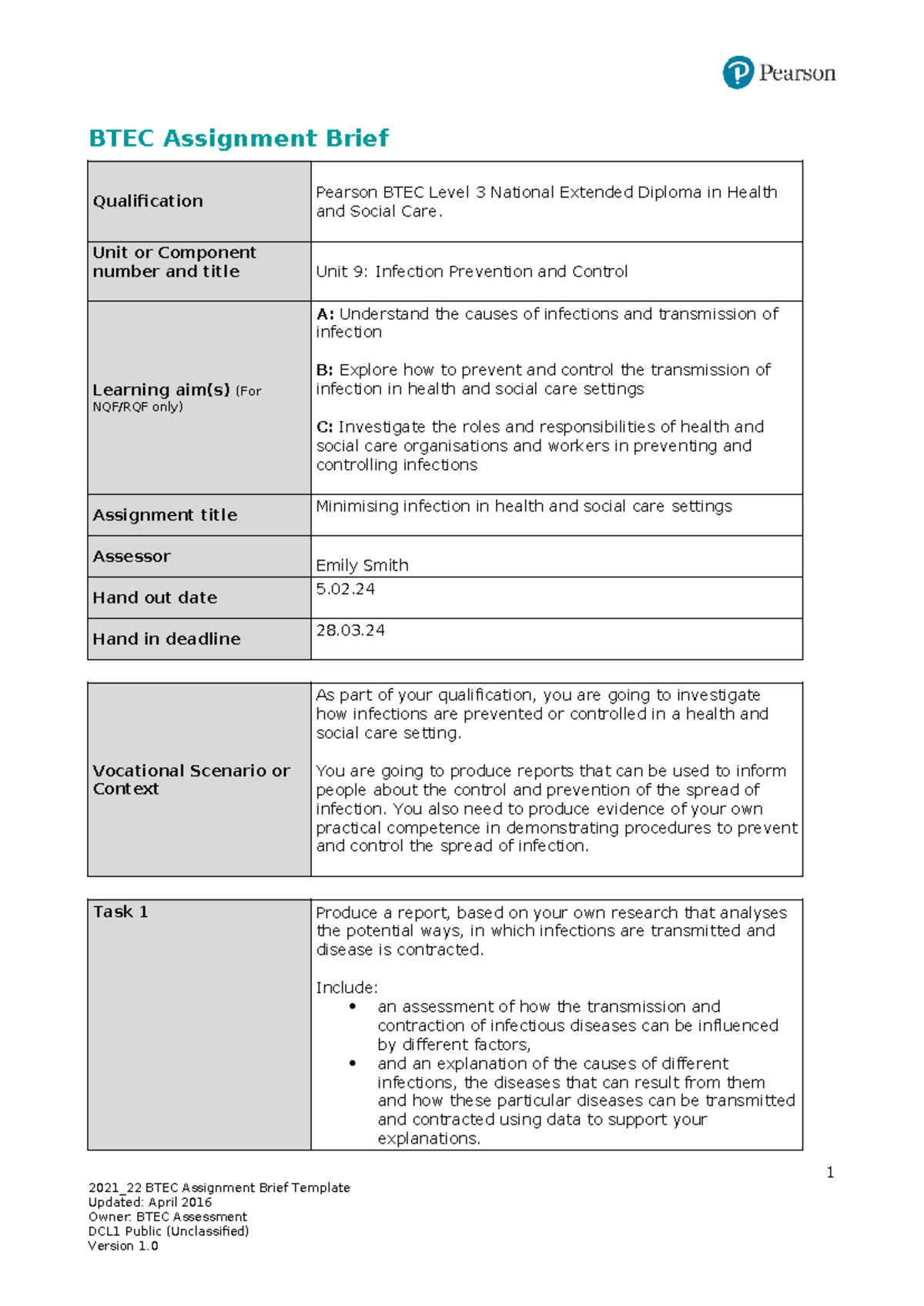 BTEC Level 3 Unit 9 Assignment: Infection Prevention & Control Brief - Studocu