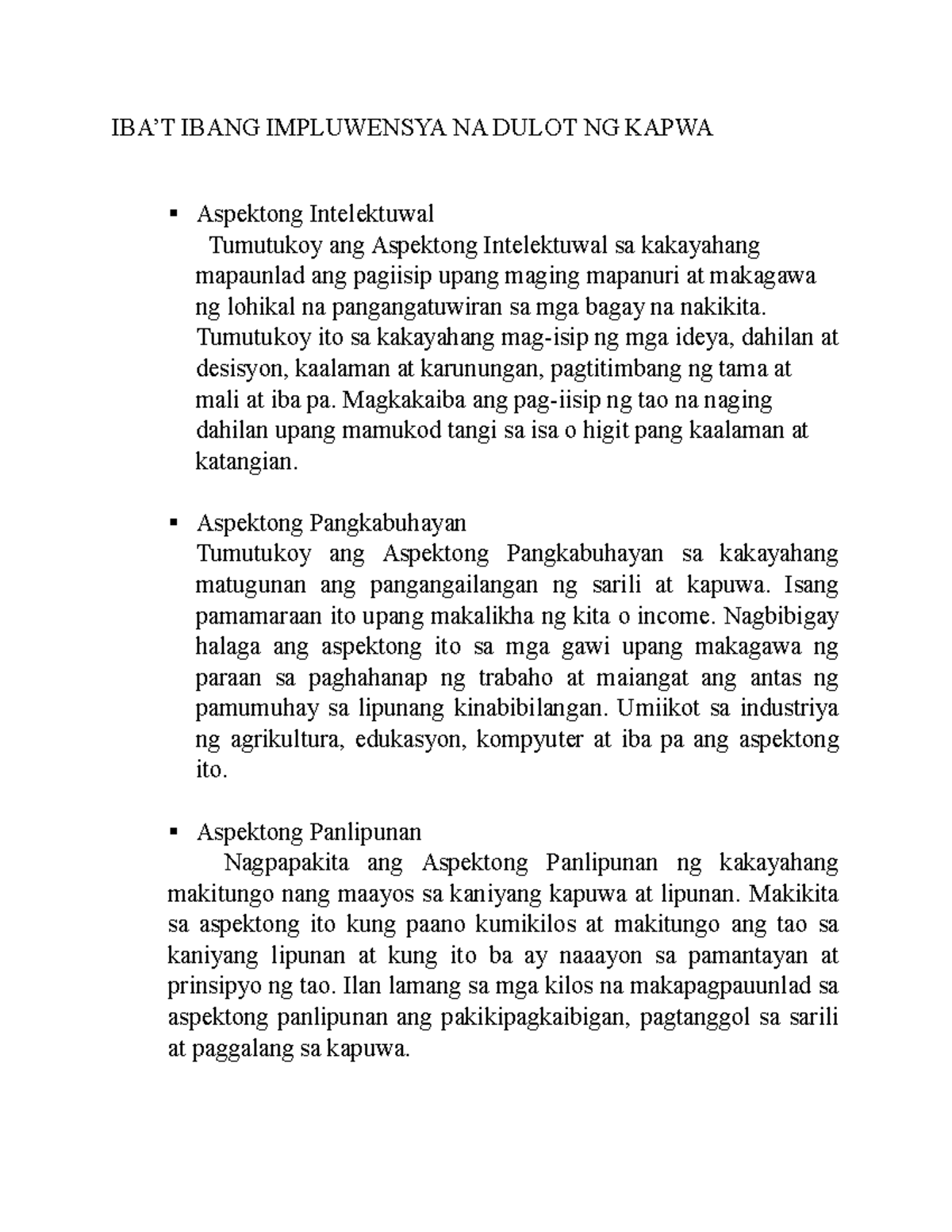 Aspeto ng impluwensya - IBA’T IBANG IMPLUWENSYA NA DULOT NG KAPWA ...