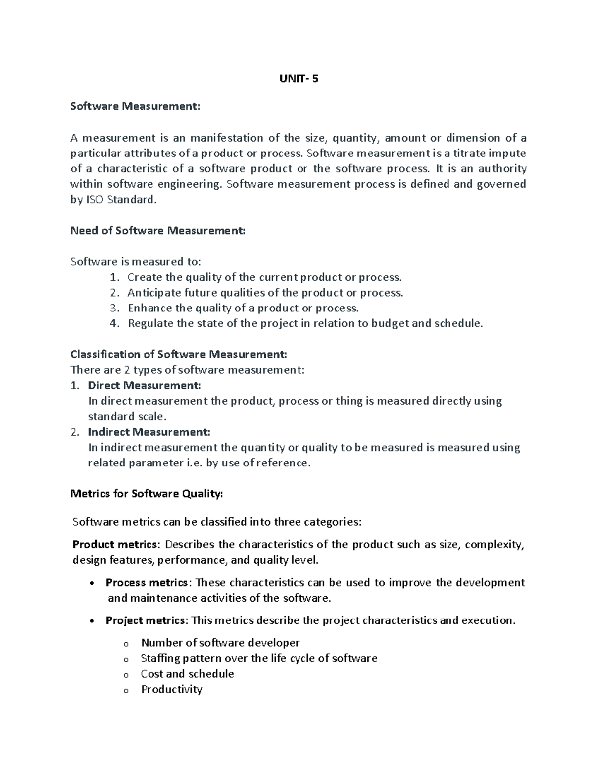 SE UNIT-V - Software Measurement and Quality Assurance Notes - Studocu