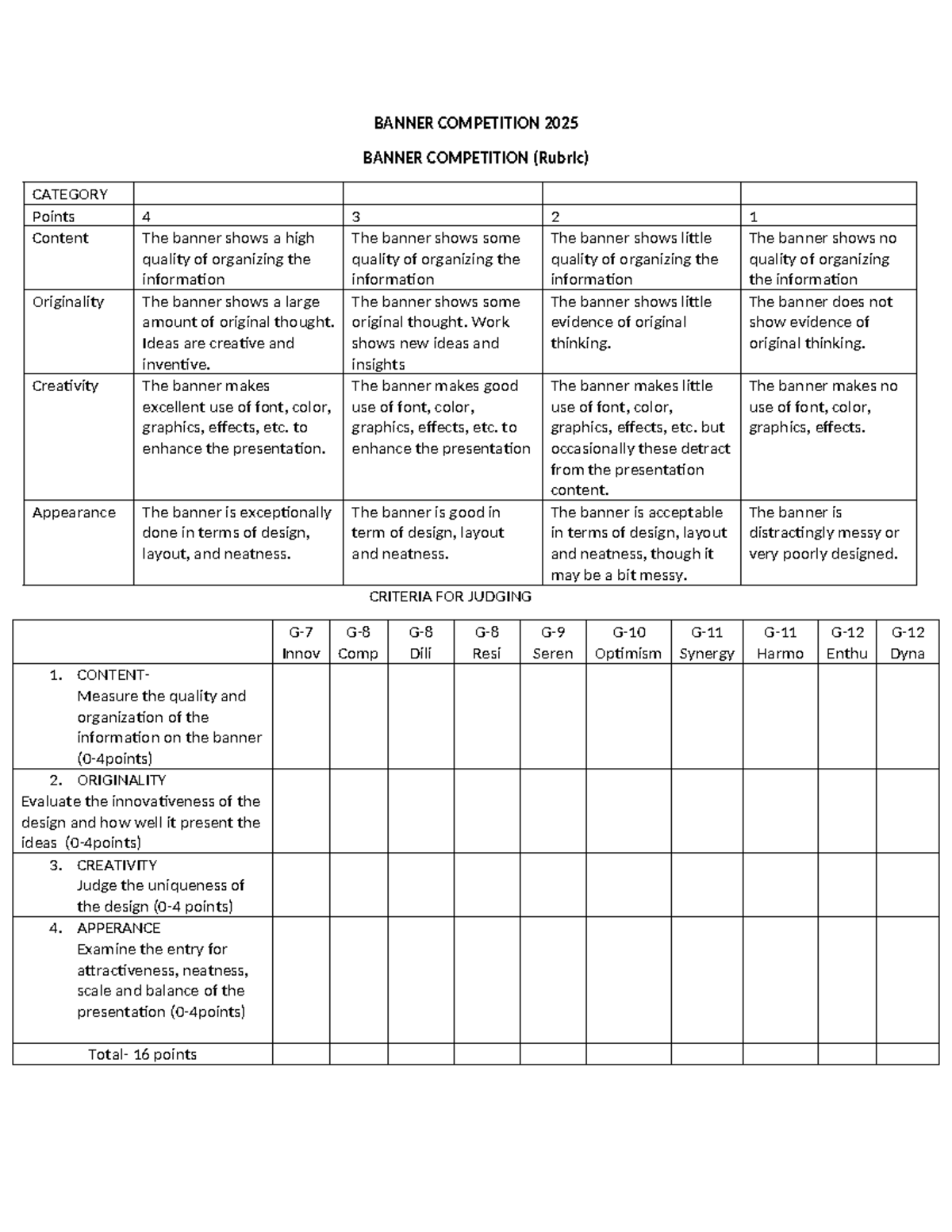 Banner Competition 2025: Judging Rubric and Criteria - Studocu
