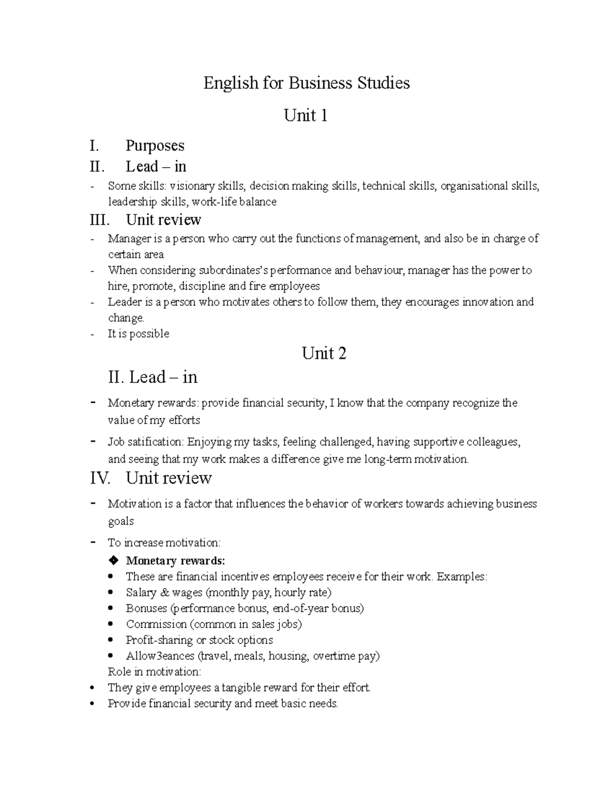 ESP - English for Business Studies Unit 1-7 Overview and Key Concepts ...