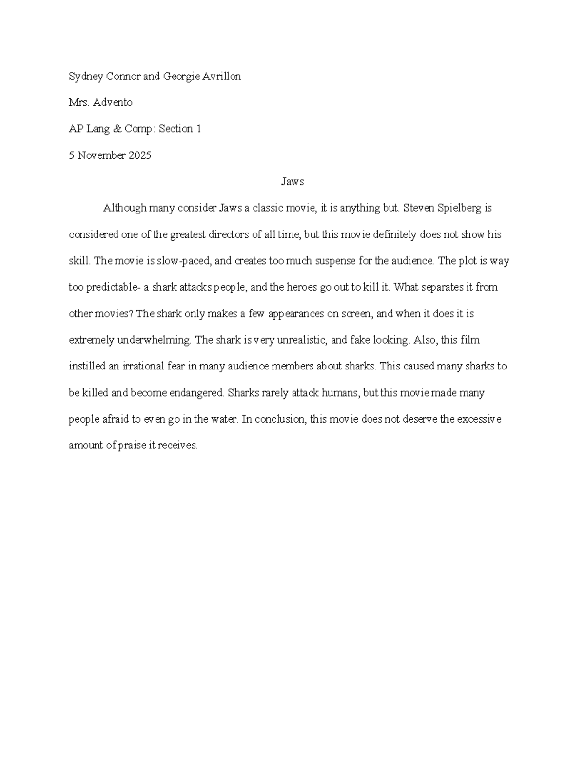 AP Lang Comp: Jaws Movie Review - A Critical Perspective - Studocu