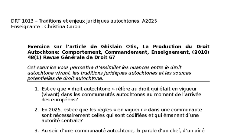 DRT 1013 Exercice sur le Droit Autochtone selon Ghislain Otis - Studocu