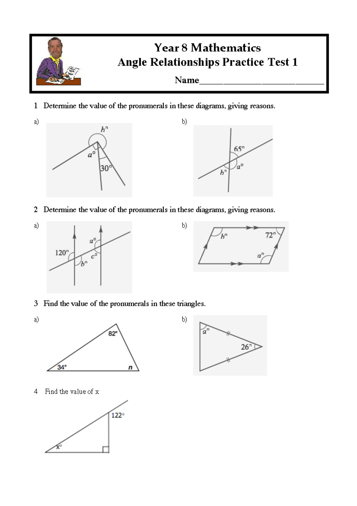 Year 8 Mathematics Angle Relationships Practice Test 1 - Studocu