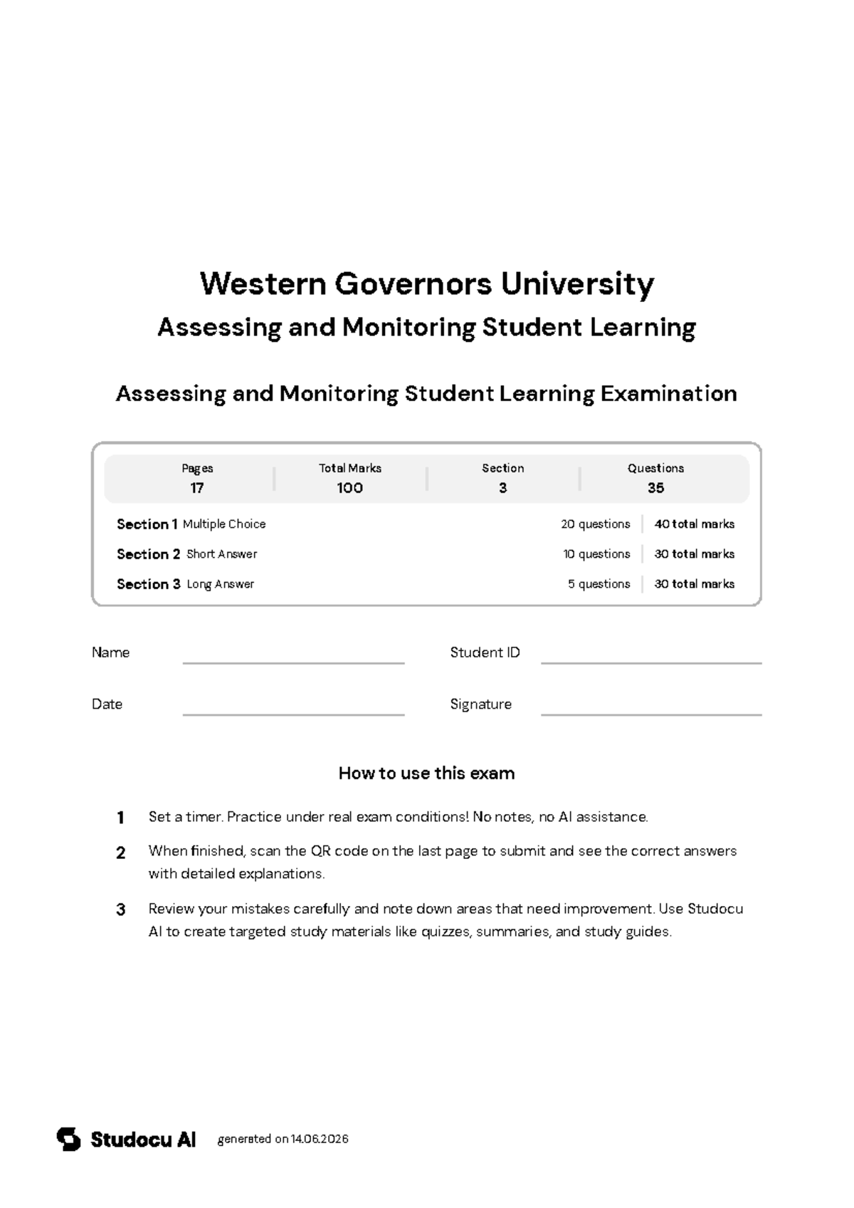 Assessing and Monitoring Student Learning Exam - Studocu
