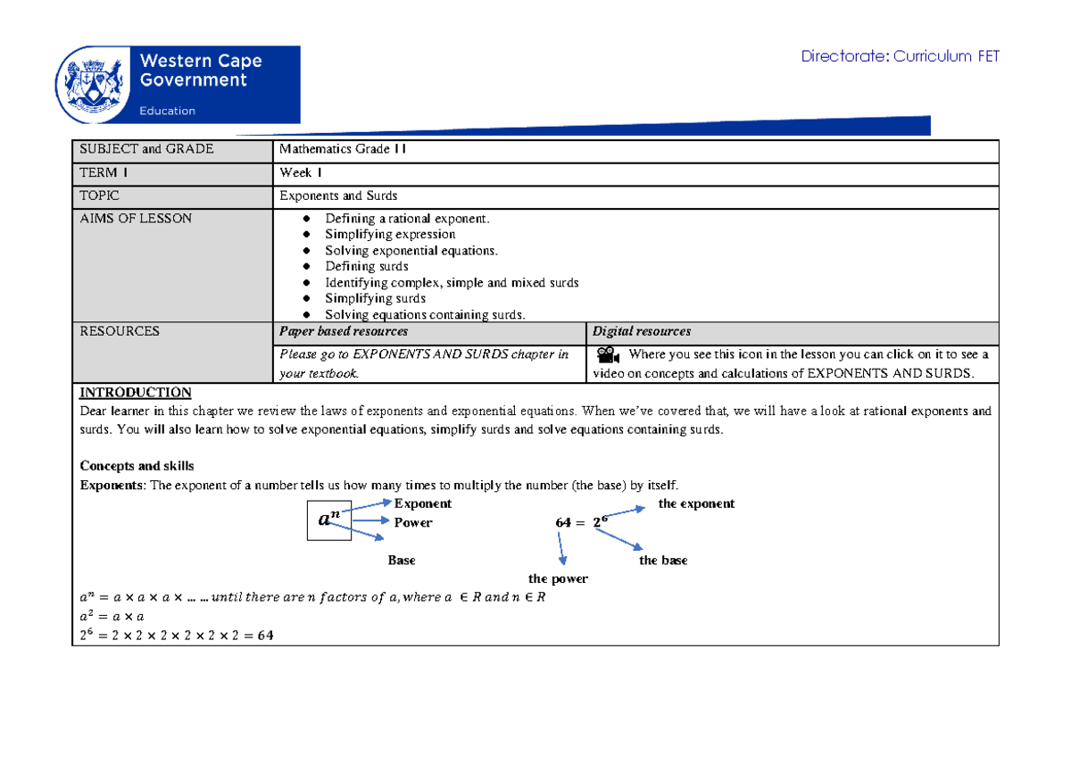 Mathematics 11 Term 1 Week 1: Exponents and Surds Overview - Studocu