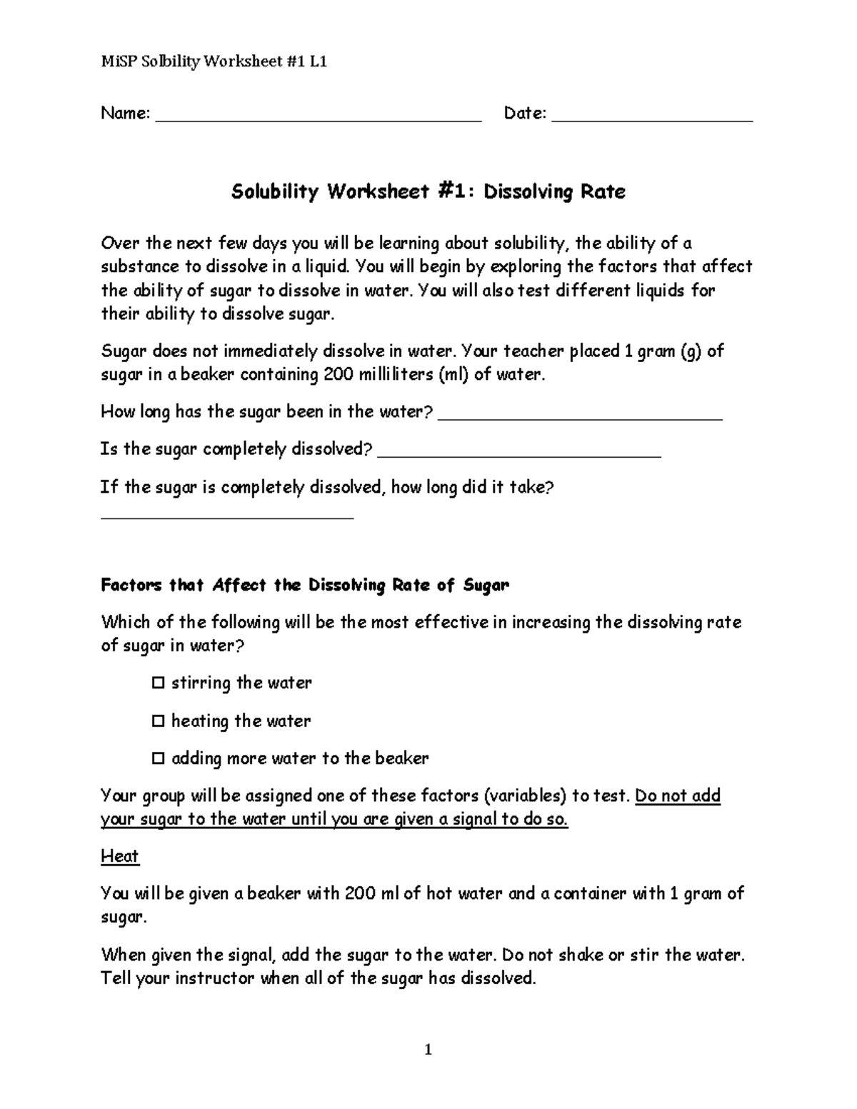 MiSP Solubility Worksheet L1: Exploring Sugar Dissolving Rates - Studocu