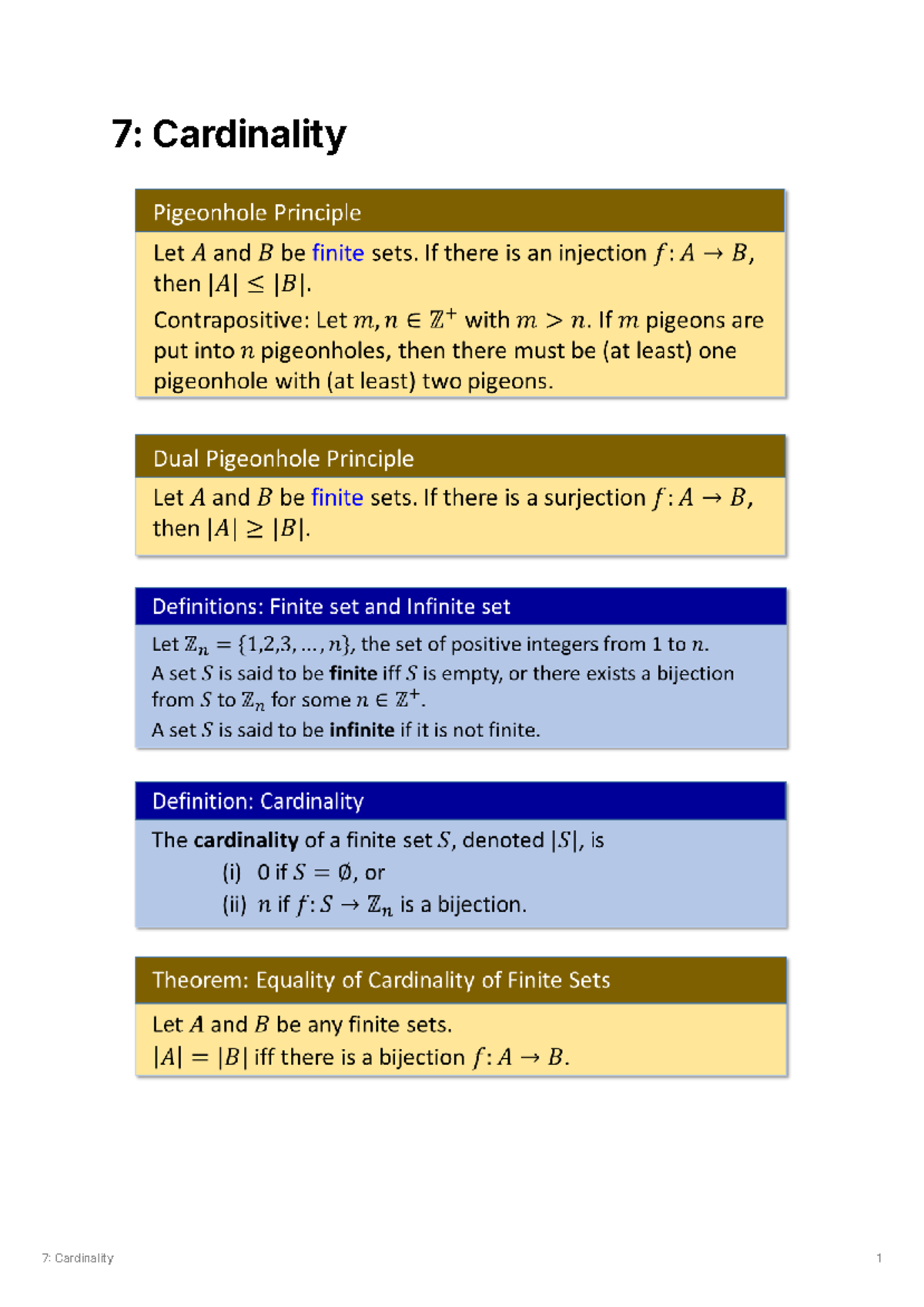 Cardinality - CS1231s - 7: Cardinality Countable Infinity - Studocu