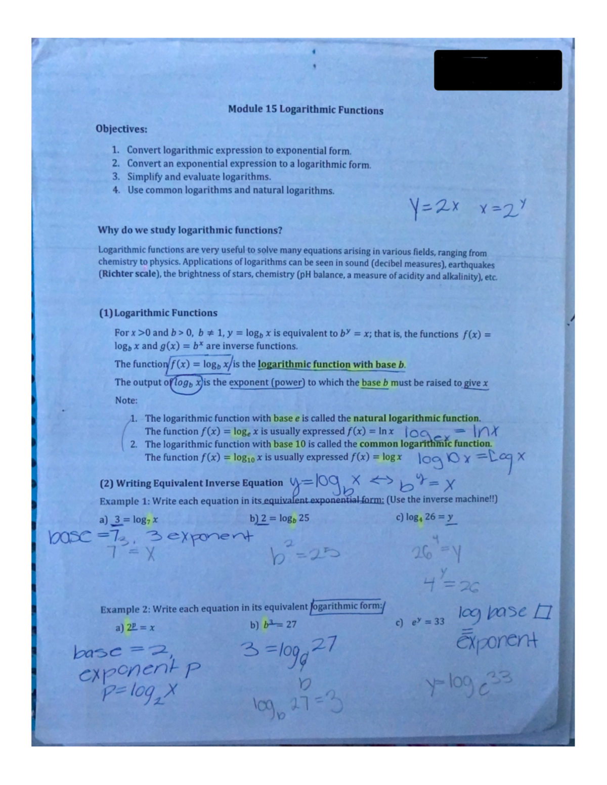 Module 5 - Module 15 Logarithmic Functions Objectives: 1. Convert ...