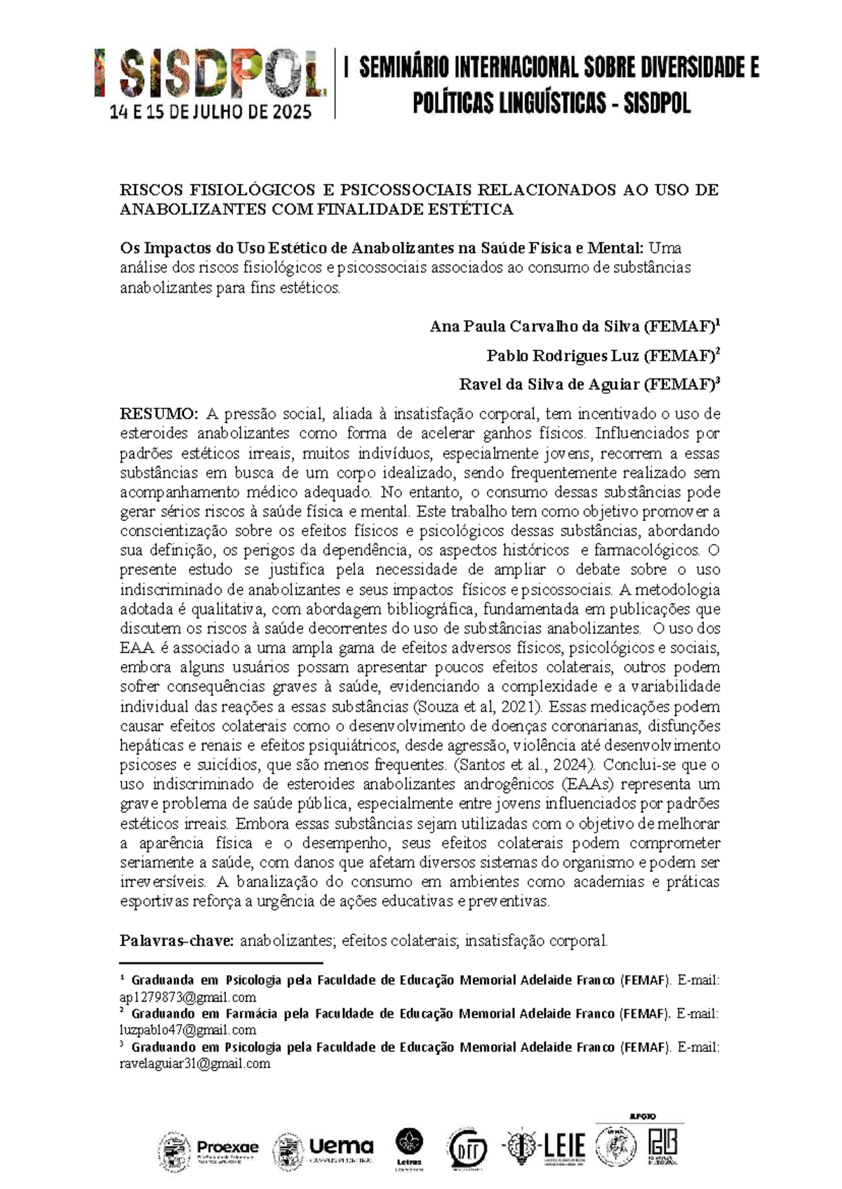 RISCOS FISIOLÓGICOS E PSICOSSOCIAIS DO USO DE ANABOLIZANTES: ANÁLISE E ...