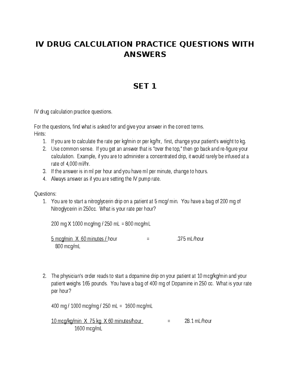 IV Drug Calculations Set 1: Practice Q's & Answers for Nursing Students ...