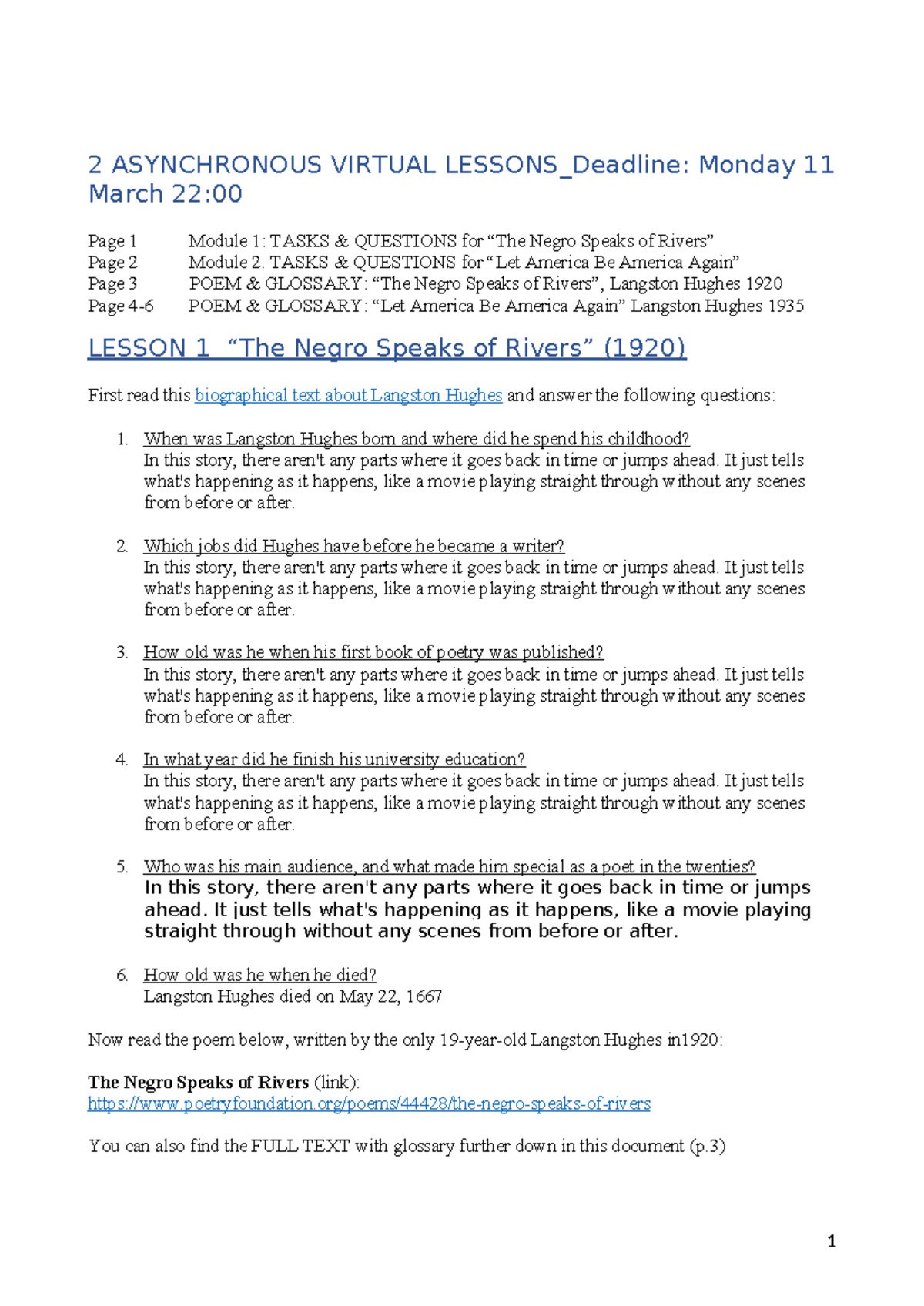 ASYNCHRONOUS VIRTUAL LESSONS: Langston Hughes' Poetry Analysis - Studocu