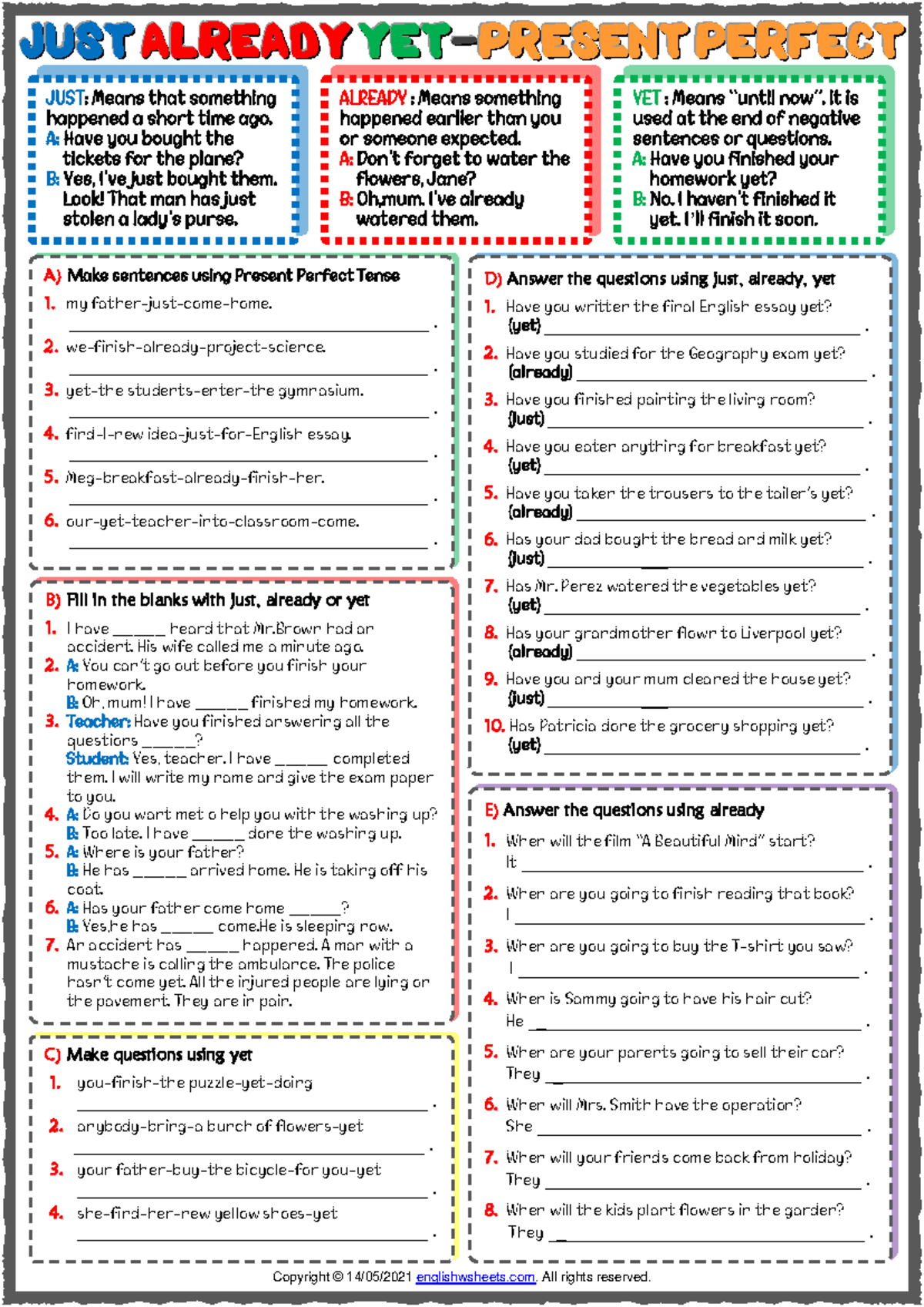 ESL Present Perfect Tense Exercises: Just, Already, Yet Worksheet - Studocu