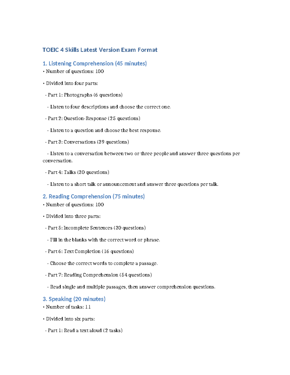 TOEIC 4 Skills Exam Format: Listening, Reading, Speaking, Writing ...