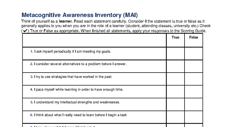 Metacognitive Awareness Inventory (MAI) for Learners: Self-Assessment ...