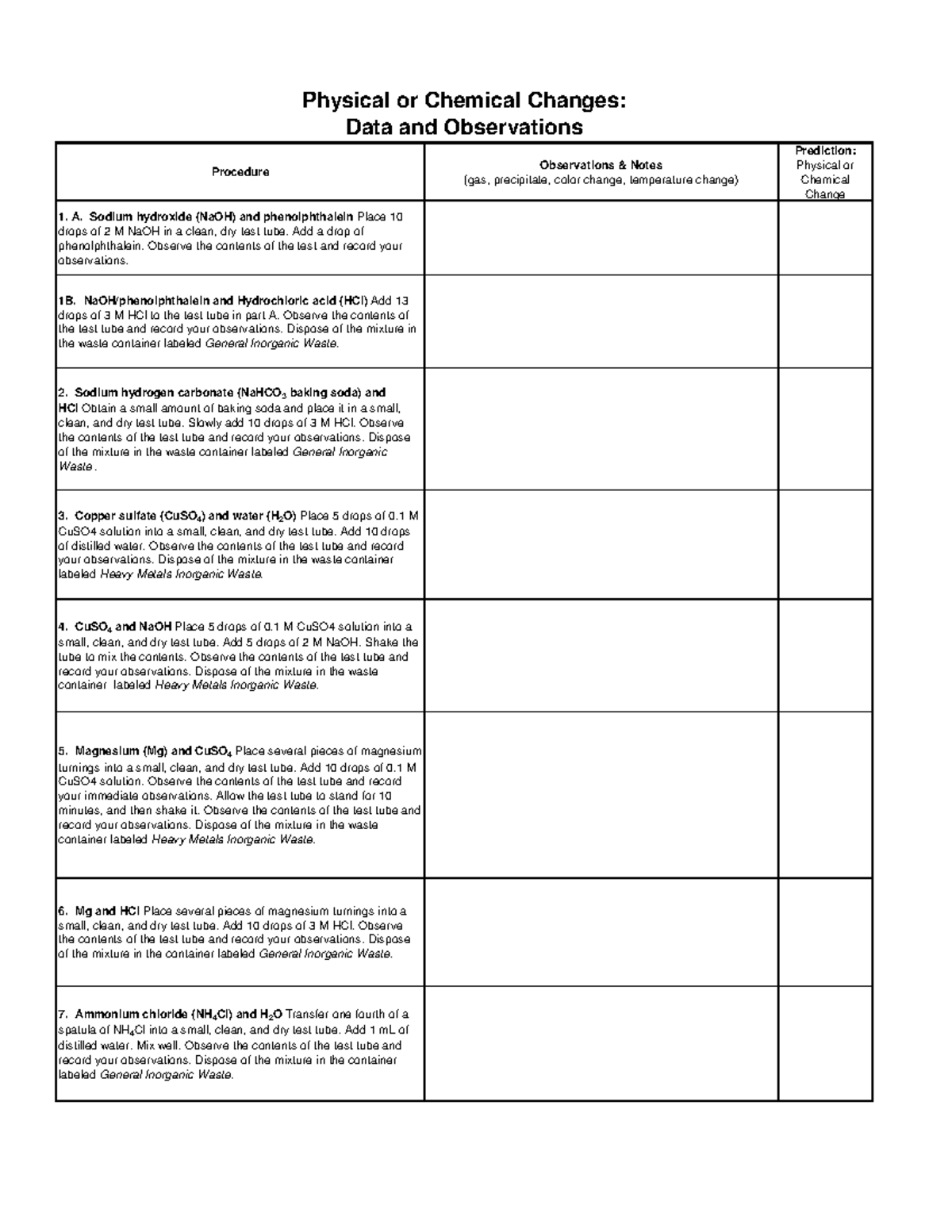 Physical or Chemical Changes - Lab Data Sheet and Observations - Studocu