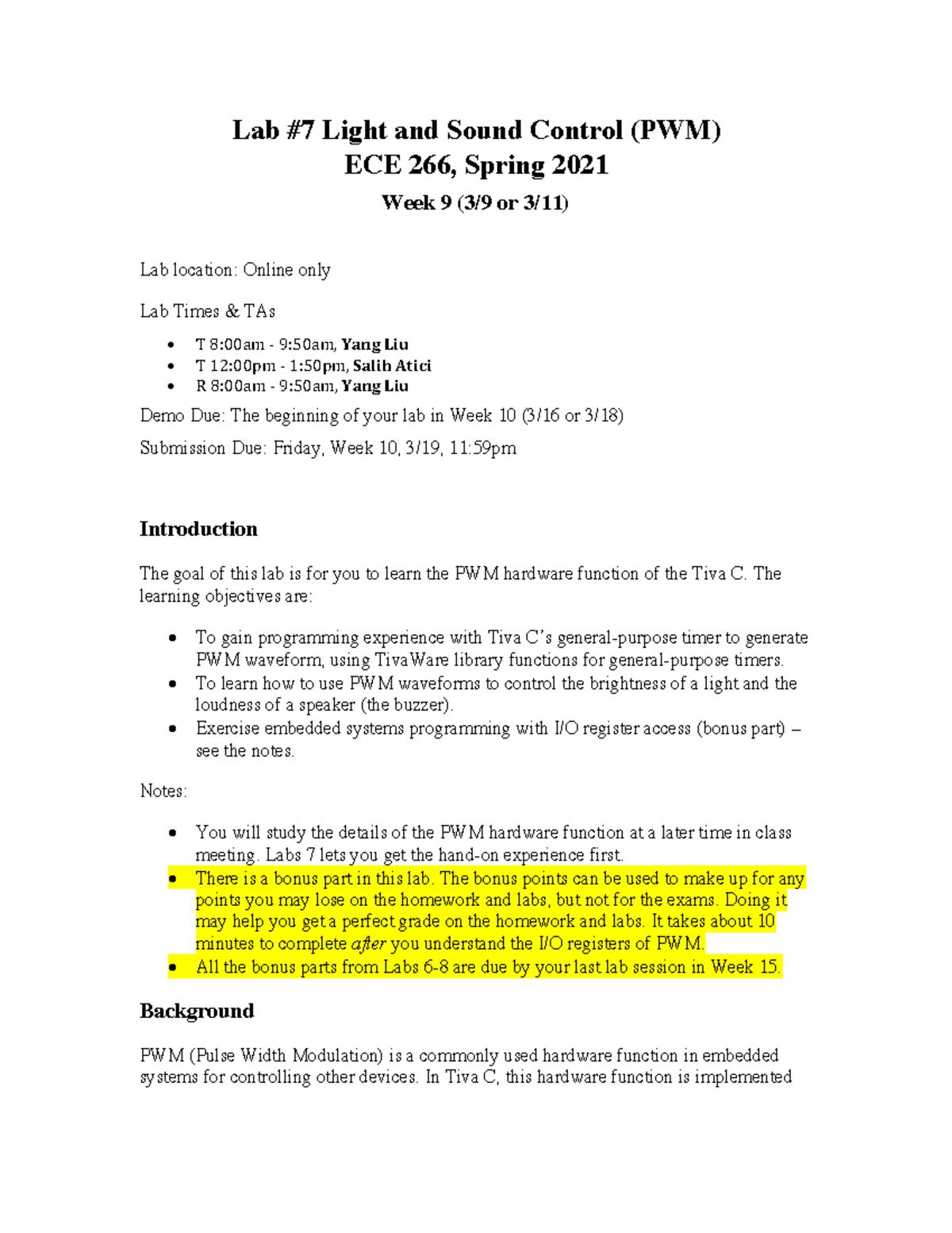 Lab 7: Light and Sound Control with PWM in ECE 266 - Spring 2021 - Studocu