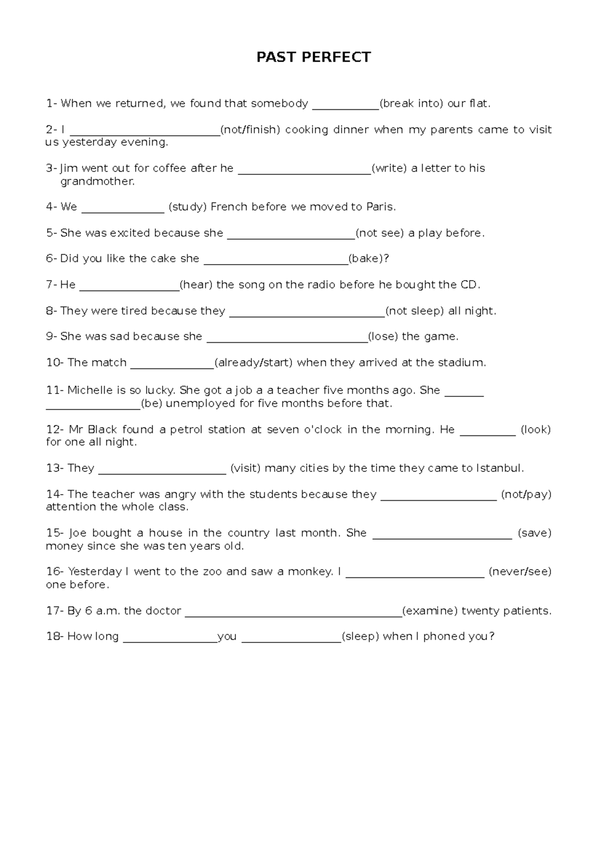 Past Perfect & Continuous Practice Worksheet 1 - Studocu