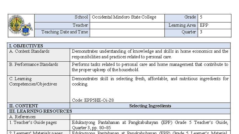 EPP 5 Lesson Plan: Selecting Fresh and Nutritious Ingredients - Studocu