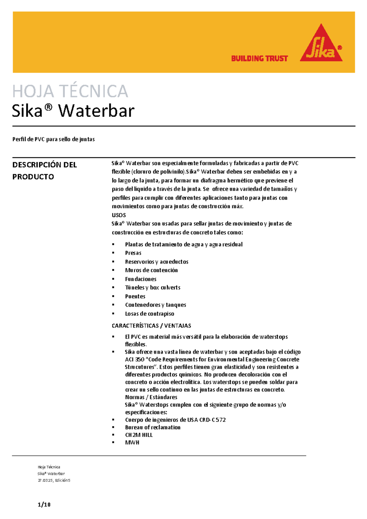 Hoja Técnica HT Sika Waterstop 701: Perfiles de PVC para Juntas - Studocu