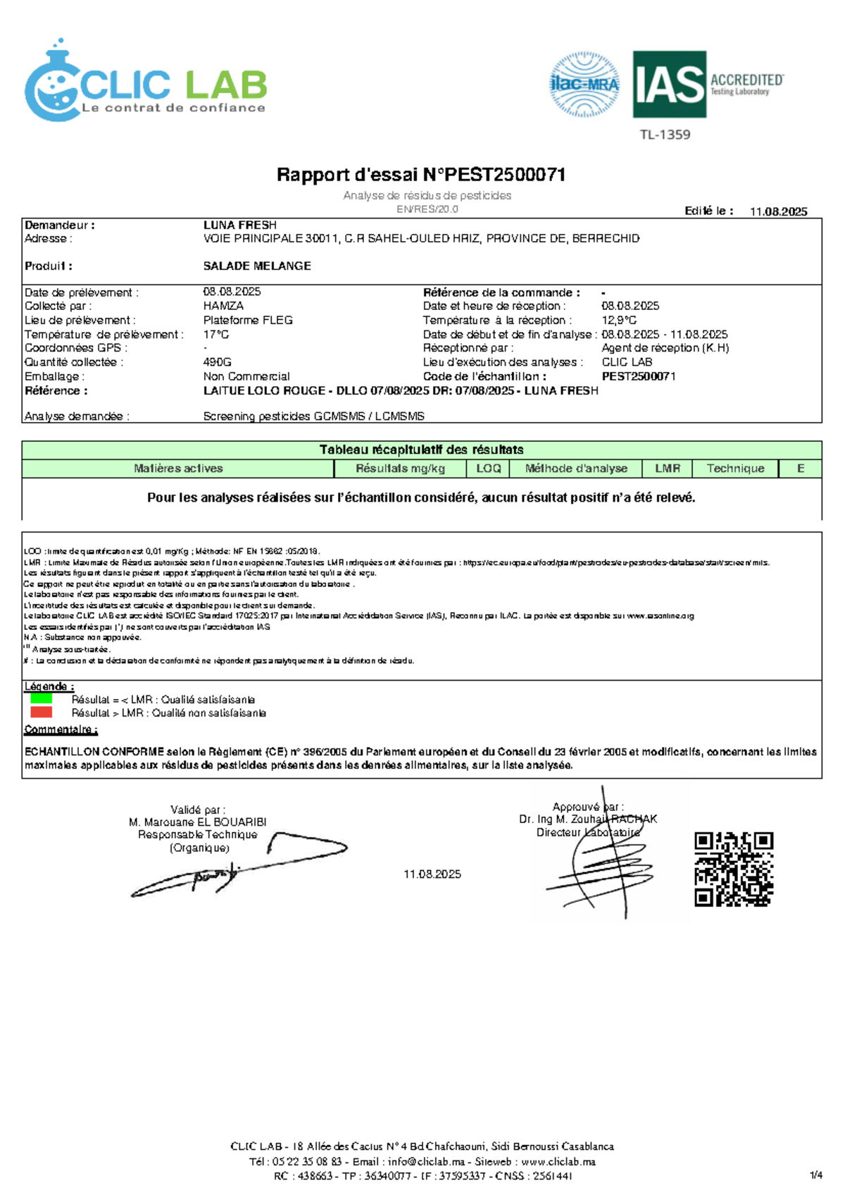 Rapport d'Analyse de Résidus de Pesticides N°PEST2500071 - LUNA FRESH - Studocu