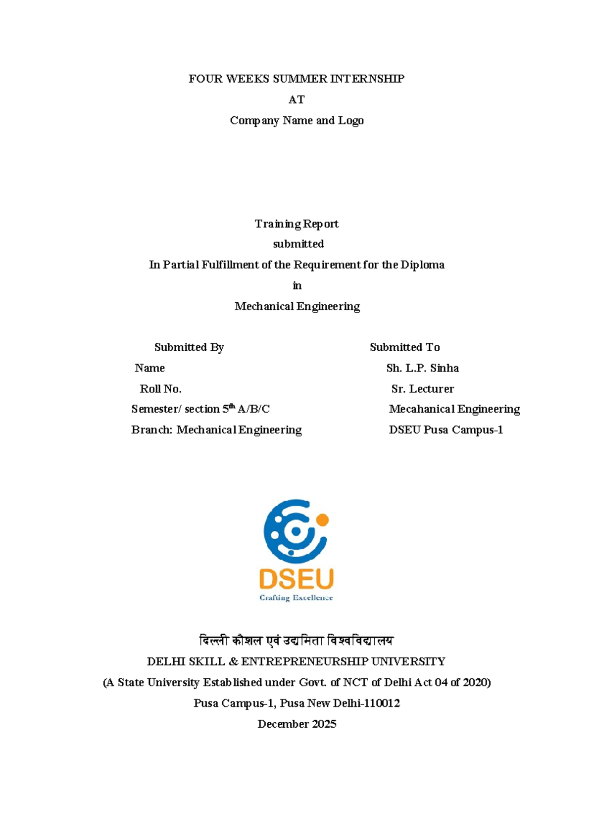 FOUR WEEKS SUMMER INTERNSHIP REPORT - MECHANICAL ENGINEERING - Studocu