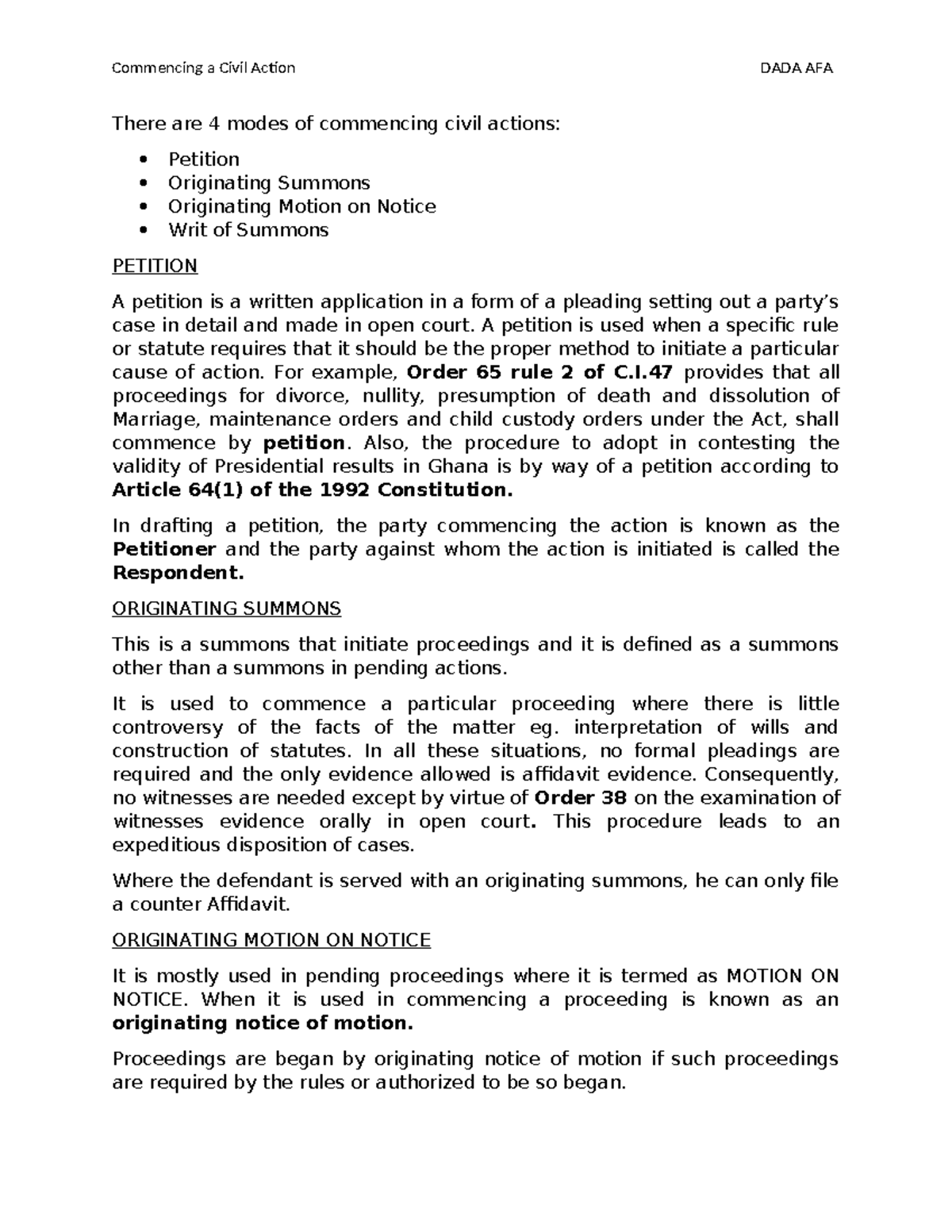 Commencing Civil Actions: Modes and Procedures Explained - Studocu