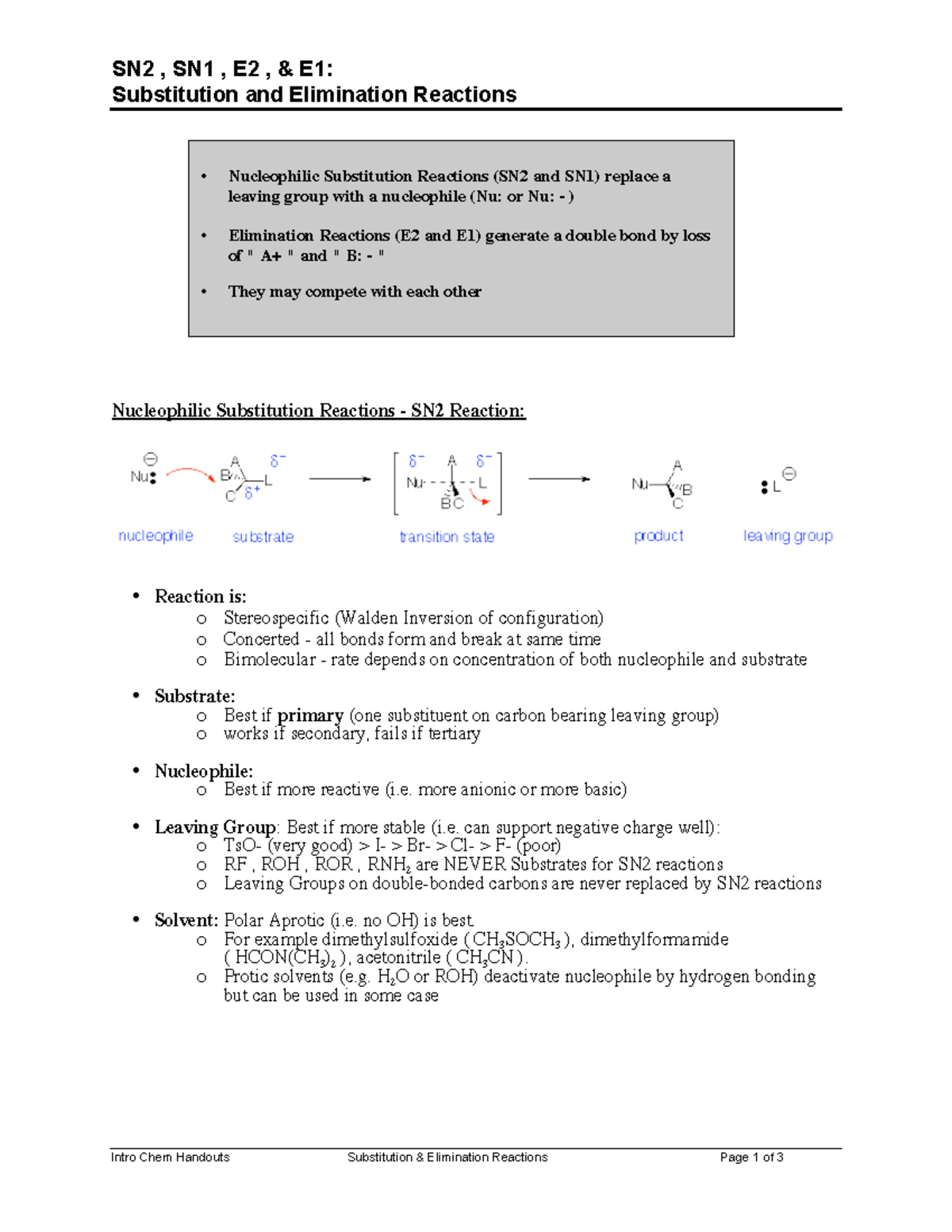 Substitution/Elimination Reaction Helpful Handout - Intro Chem Handouts ...