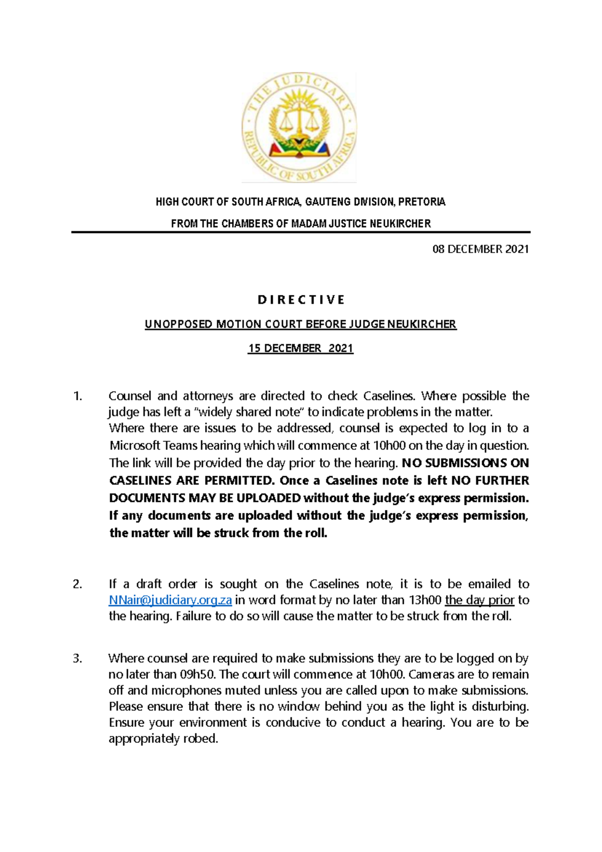 Directive and Roll Unopposed 15 Dec 2021 Neukircher - HIGH COURT OF ...