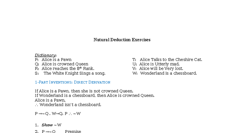 Natural Deduction Exercises (Answers) for P: Alice's Logic - Studocu