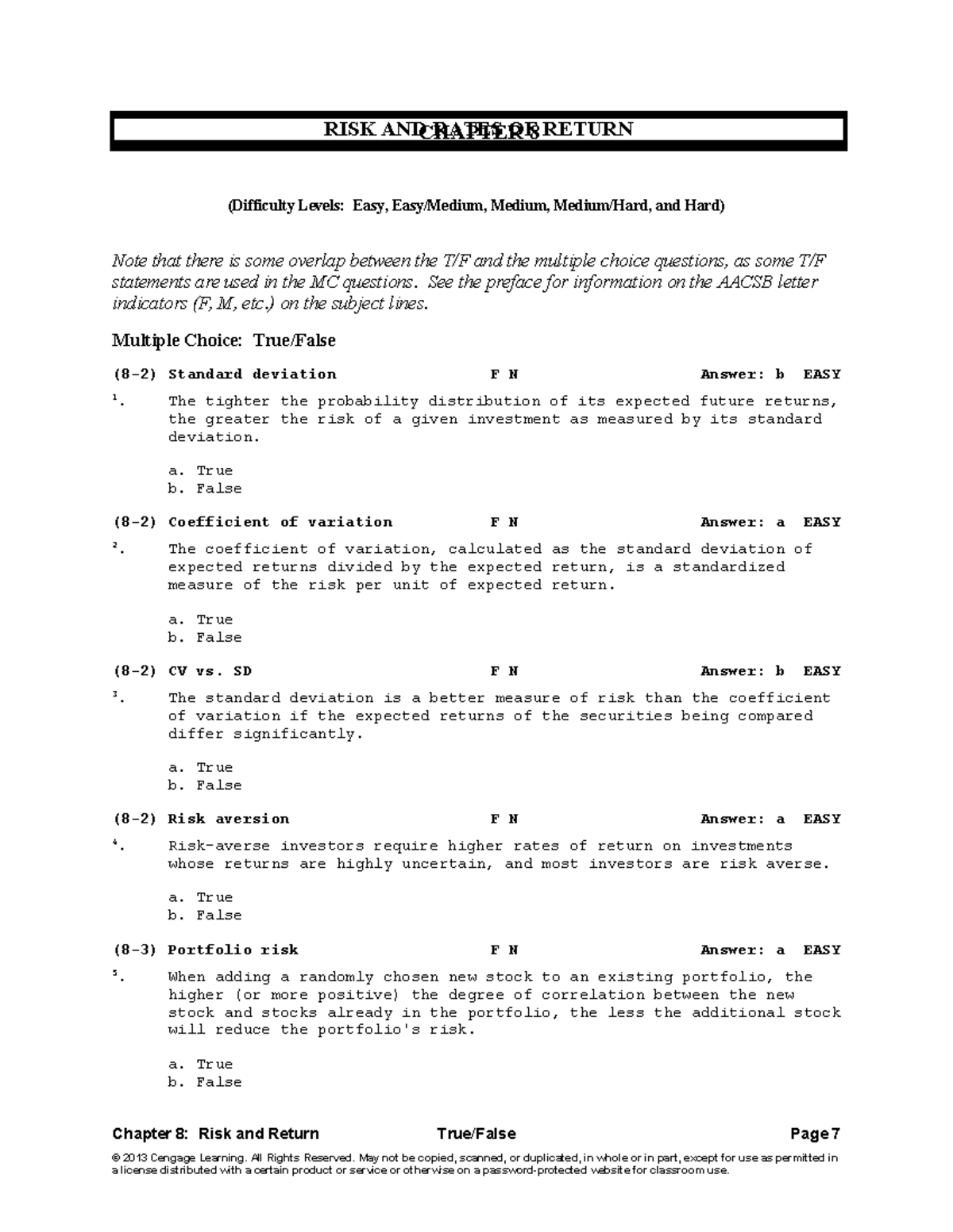 Test Bank (14) - RISK AND RETURN CHAPTER 8 (Easy, Medium, Hard) - Studocu